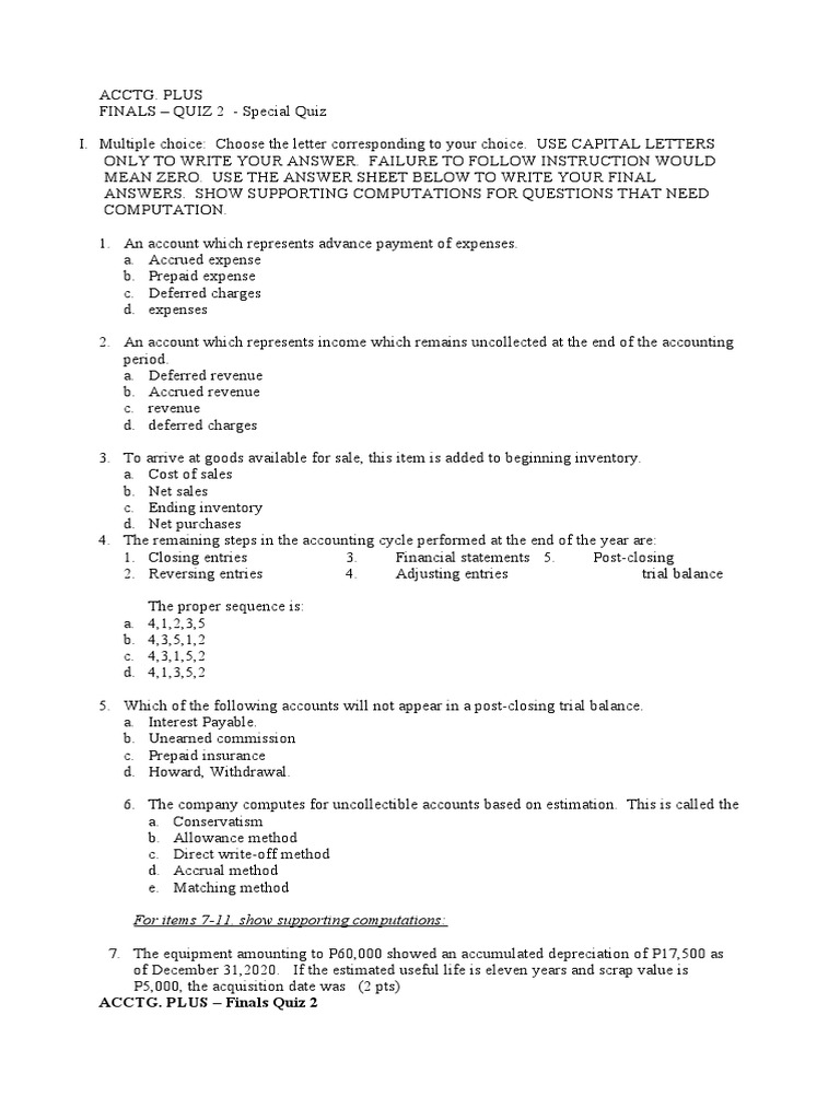 ACCTG Plus Special Finals Quiz 2 | PDF | Deferral | Accrual