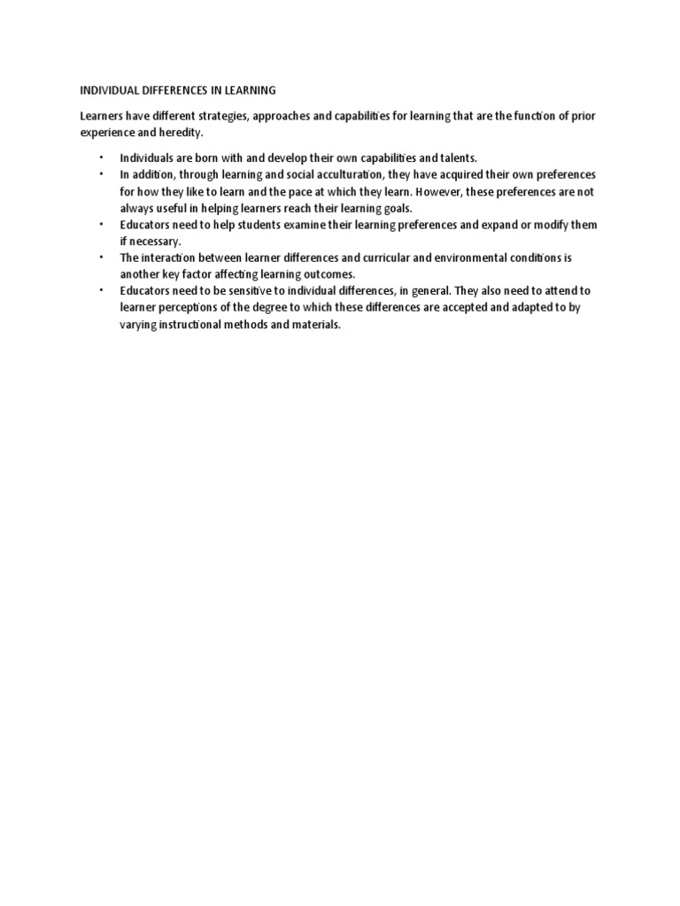Managing Individual Learning Differences | PDF | Career & Growth ...