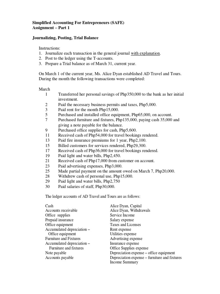 Simplified Accounting For Entrepreneurs (SAFE) Assignment - Part 1 ...
