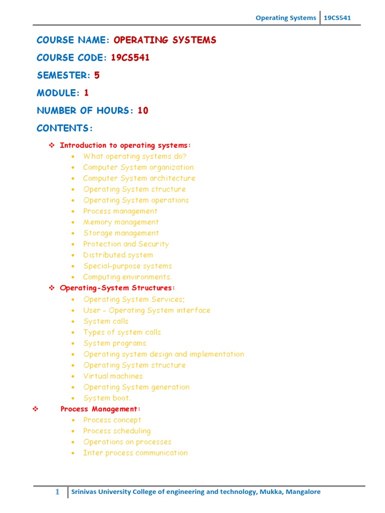 Operating Systems 19CS541 5 1 10: Course Name: Course Code: Semester ...