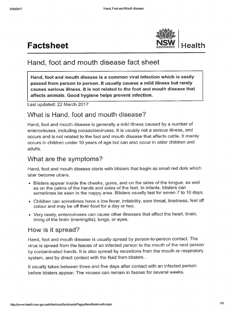 Hand Foot and Mouth Disease - NSW Health Factsheet | PDF