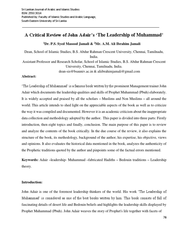 A Critical Review of John Adair's The Leadership of Muhammad' | PDF ...