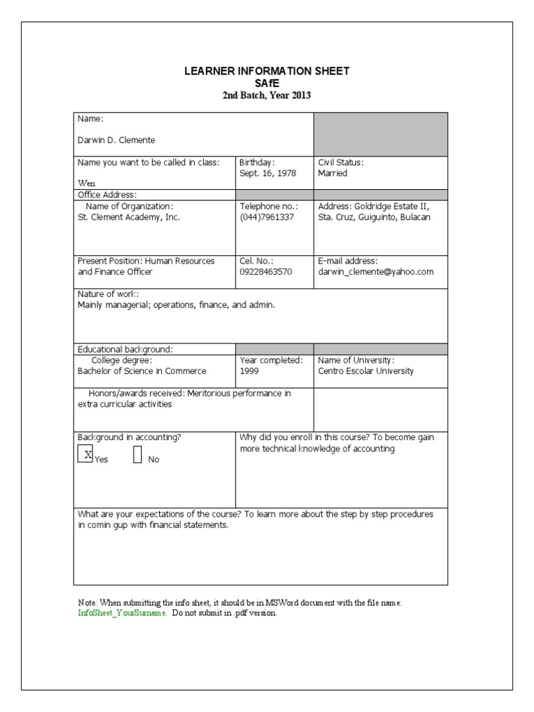 Learner Information Sheet Safe: 2nd Batch, Year 2013 | PDF | Career ...