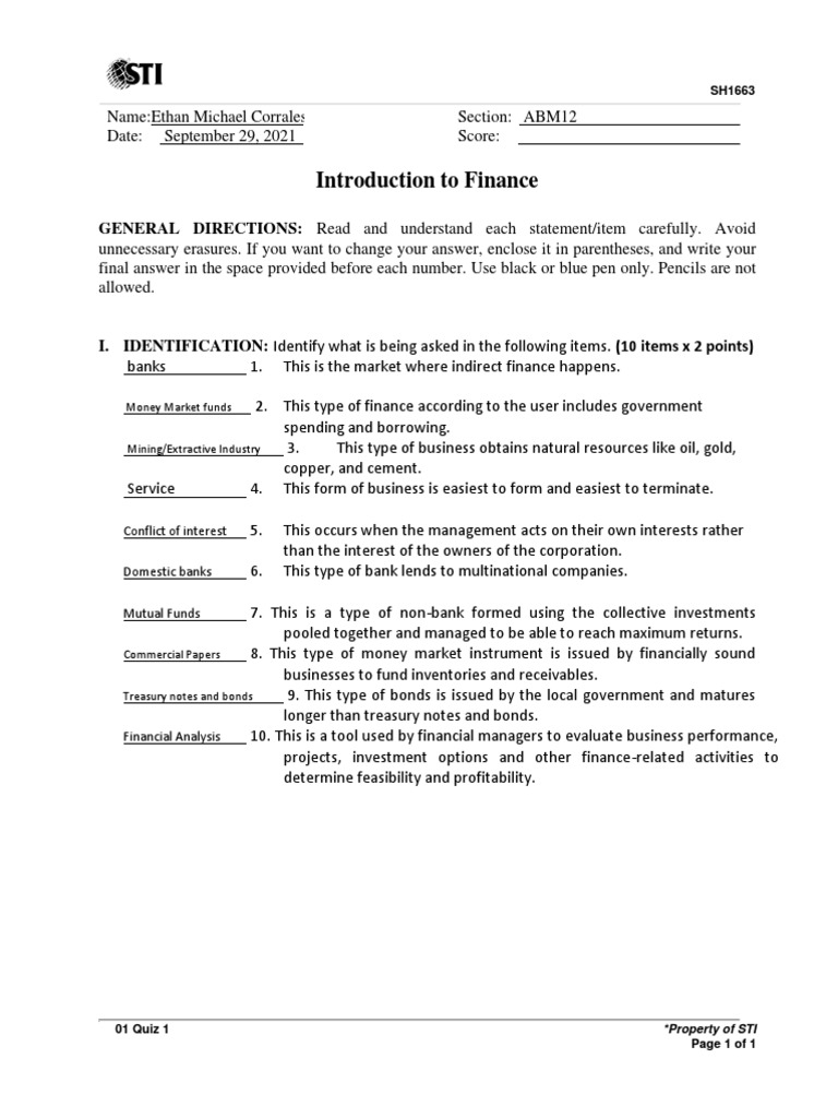 Introduction to Finance Quiz Guide | PDF | Business | Finance & Money ...