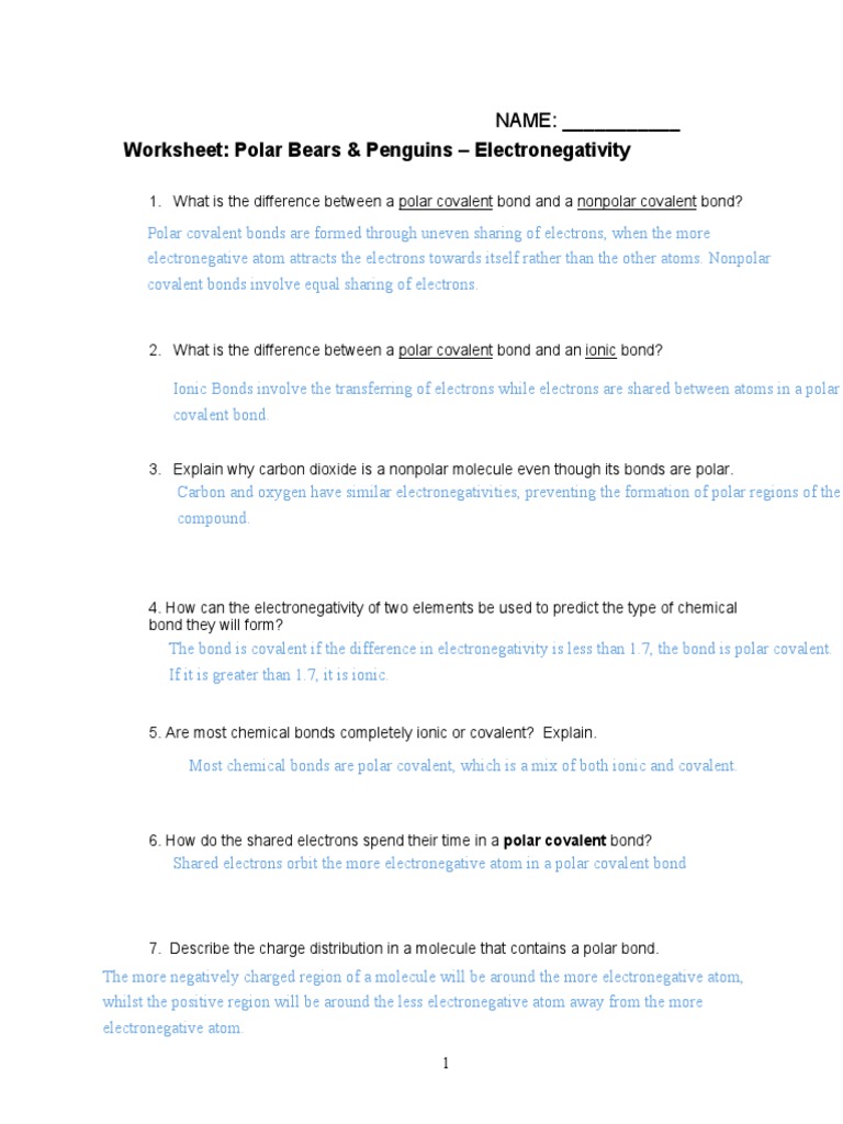 Worksheet: Polar Bears & Penguins - Electronegativity: NAME | PDF ...