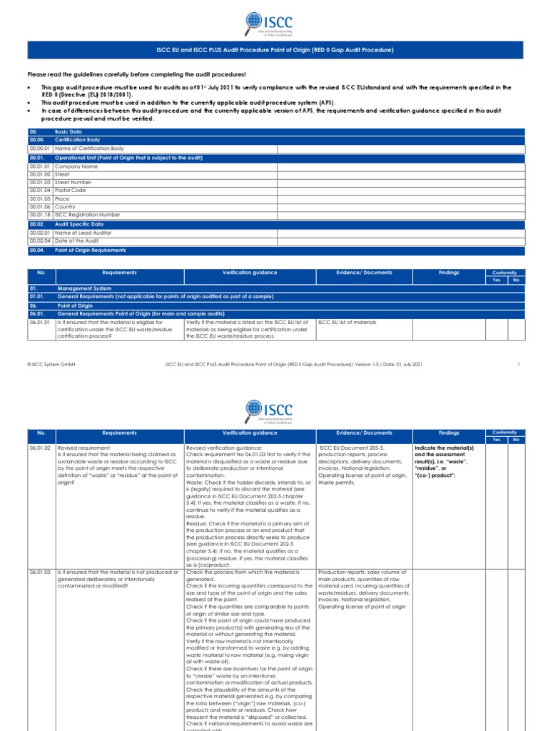 ISCC EU RED II-GAP Audit Procedure Point-Of-Origin v1.0 | PDF | Audit ...