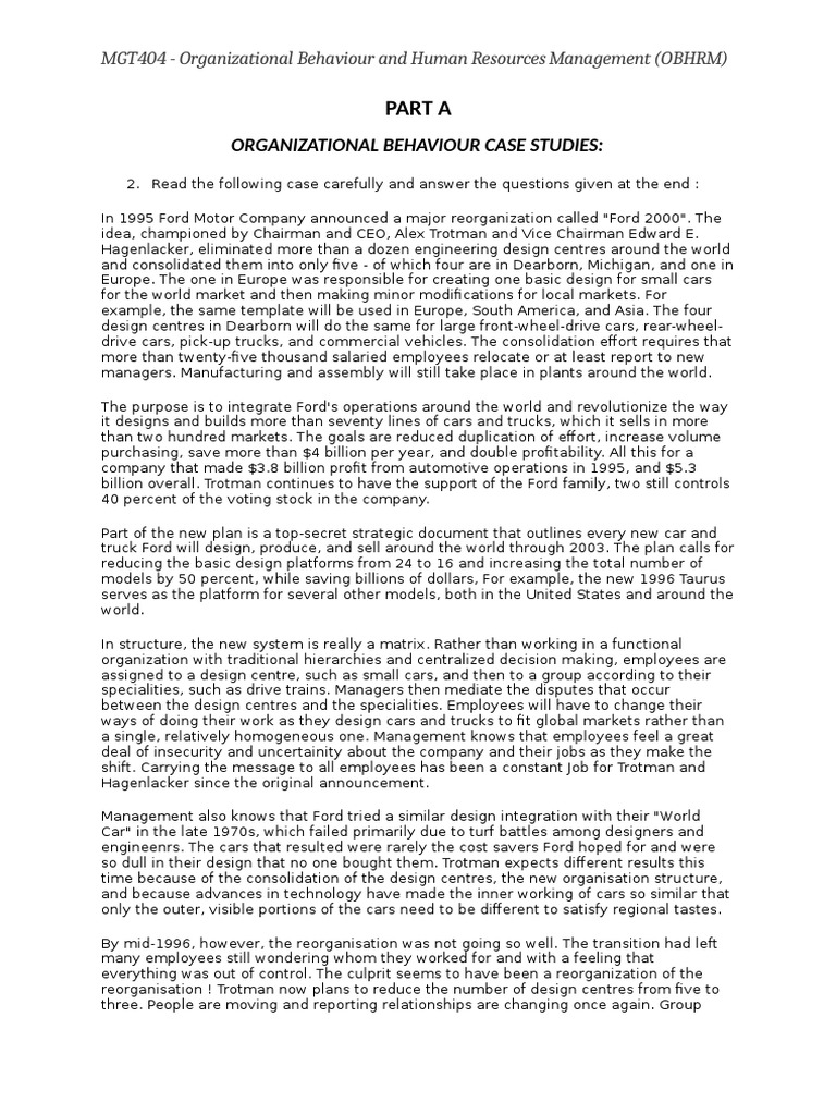 Part A: Organizational Behaviour Case Studies | PDF | Communication ...