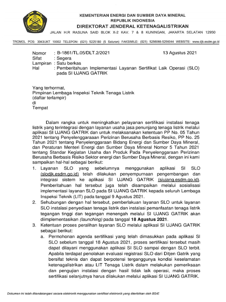 Surat Edaran Penyampaian Implementasi Integrasi SI SLO Dengan SI UJANG ...
