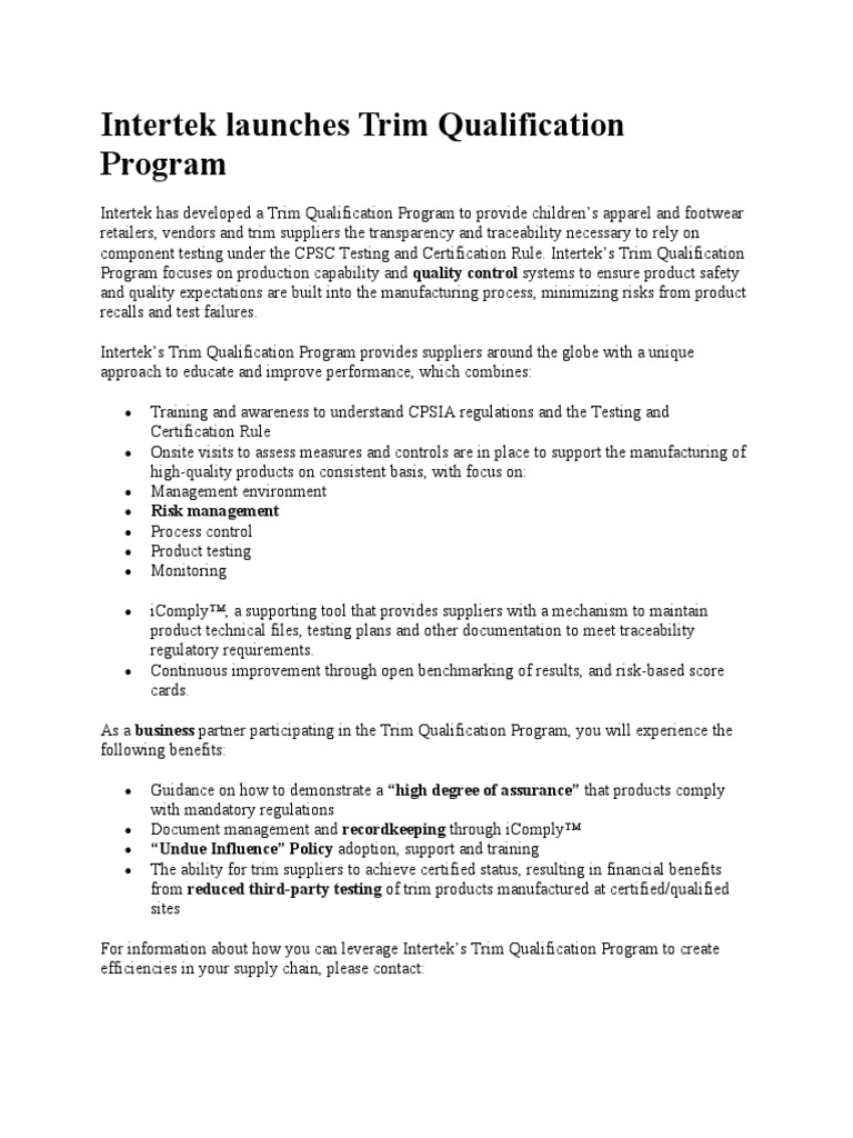 Intertek Launches Trim Qualification Program | PDF | Textiles
