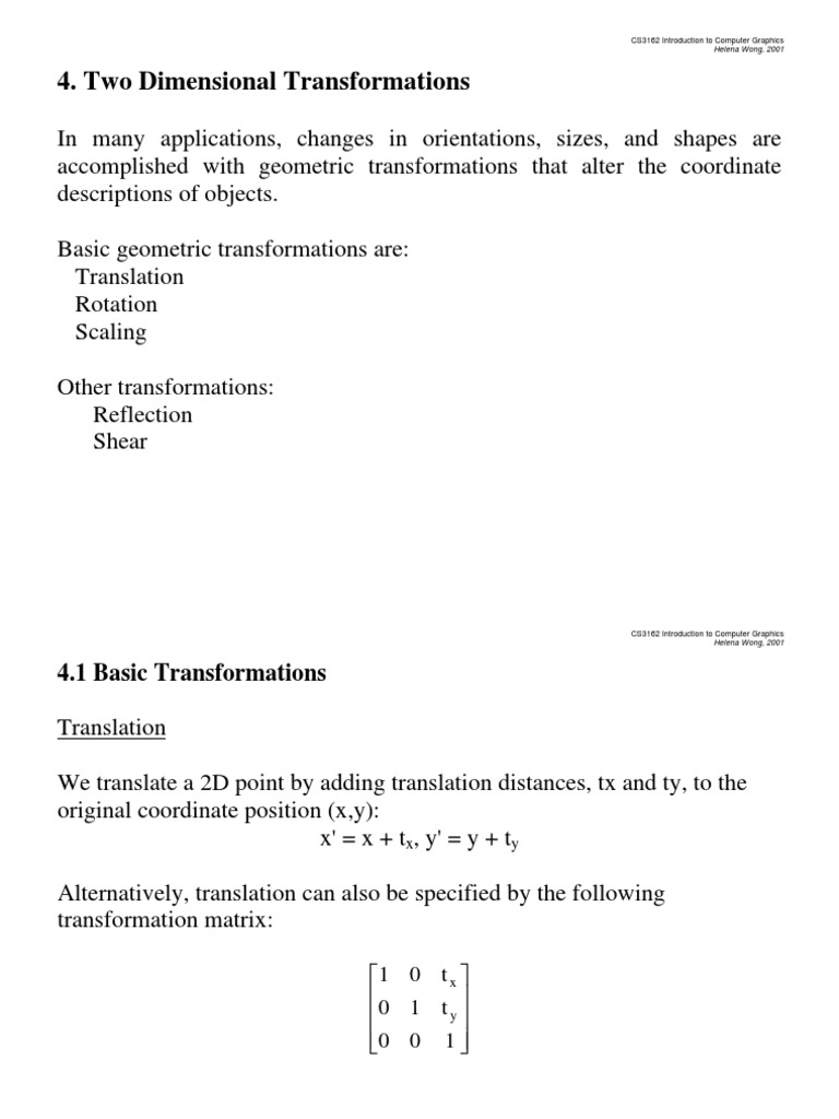 Two Dimensional Transformations: Helena Wong, 2001 | PDF | Cartesian ...