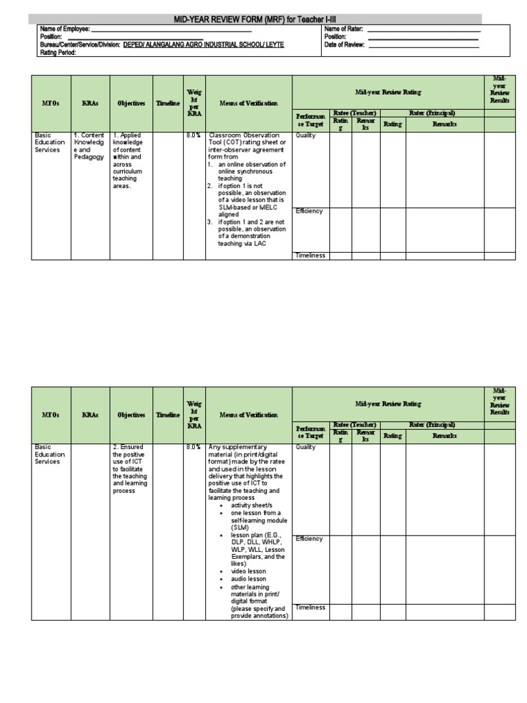 Mid-Year Review Form (MRF) For Teacher I-Iii | Download Free PDF ...