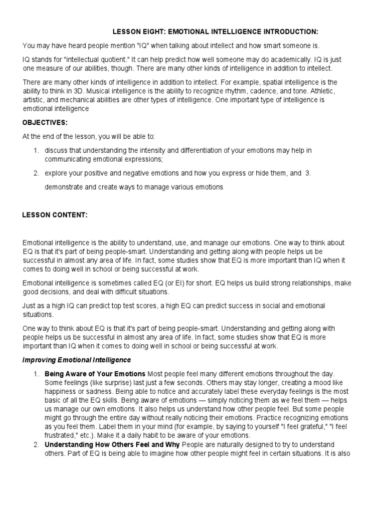 Lesson Eight: Emotional Intelligence Introduction | PDF | Emotional ...