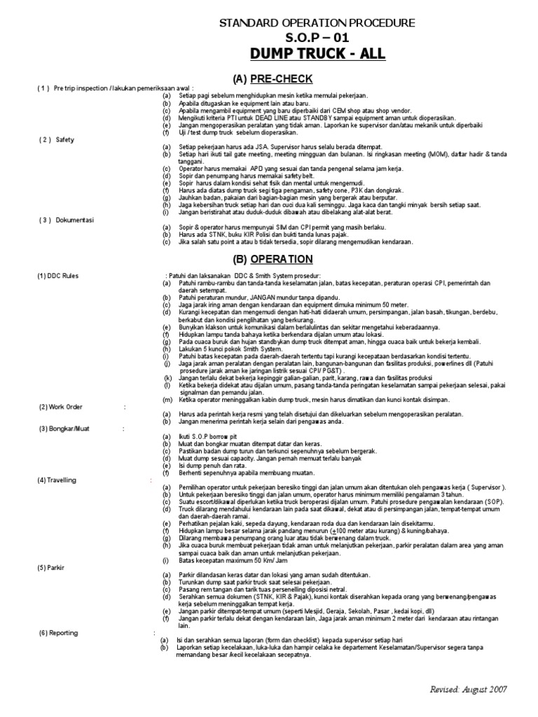 Dump Truck SOP (Eng & Bah) | PDF