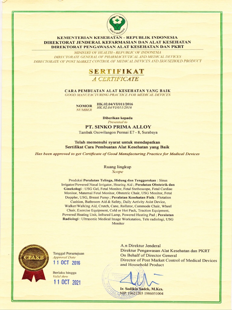 Sertifikat CPAKB | Descargar gratis PDF | Equipment | Medical Equipment