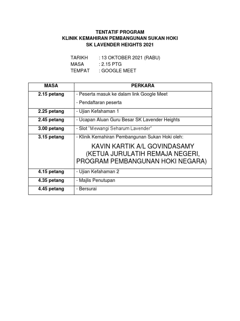 Tentatif Program Klinik Kemahiran Hoki | PDF
