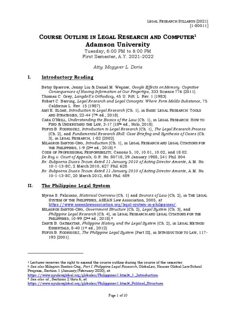 Course Outline in Legal Research Adamson | PDF | Precedent | Citation