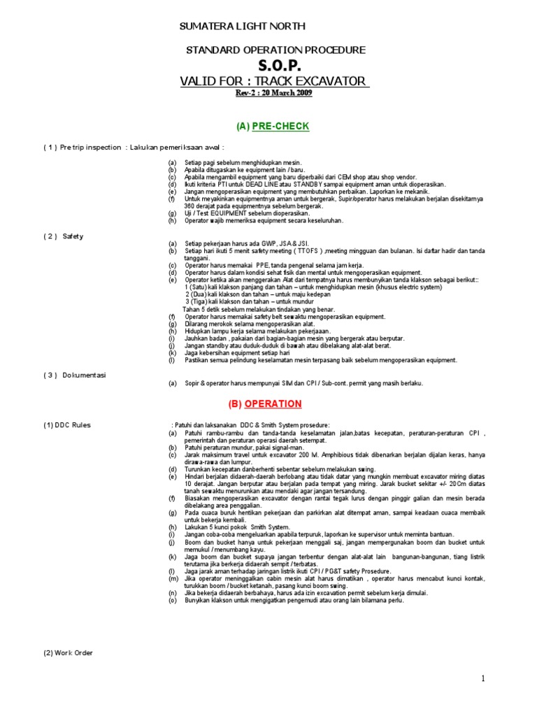 Sop Track Excavator | PDF