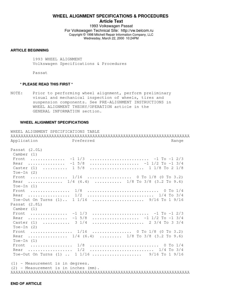 Wheel Alignment Specifications & Procedures Article Text | PDF
