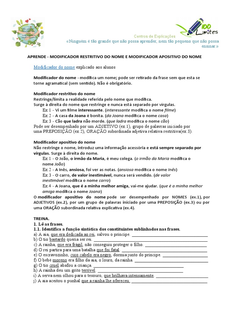Ficha 2 - Modificadores Do Nome | PDF | Sintaxe | Gramática