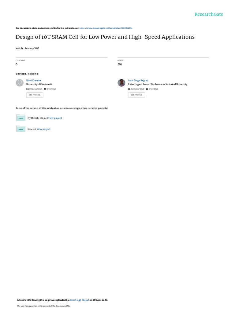 Design of 10T SRAM Cell For Low Power and High-Speed Applications | PDF ...