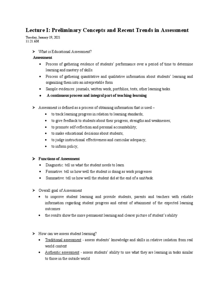 Lecture I Preliminary Concepts and Recent Trends in Assessment | PDF ...