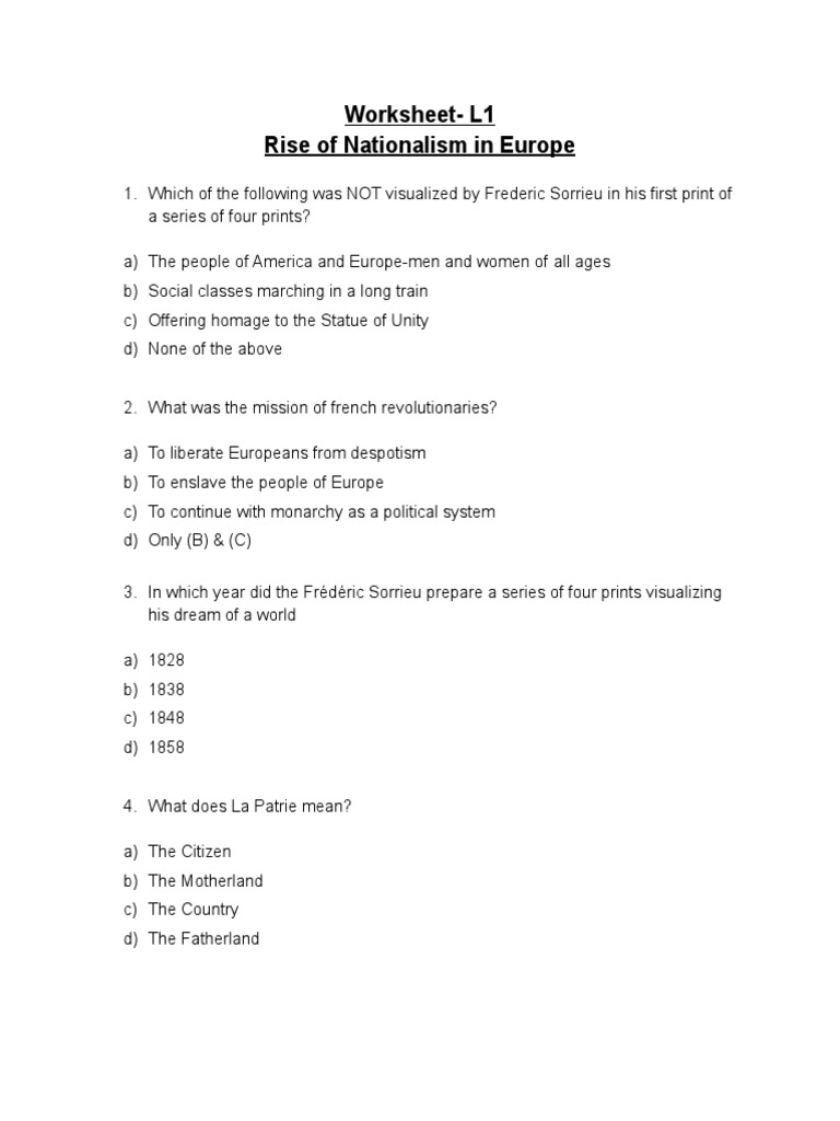 Worksheet-L1 Rise of Nationalism in Europe | PDF | Cultural Politics ...