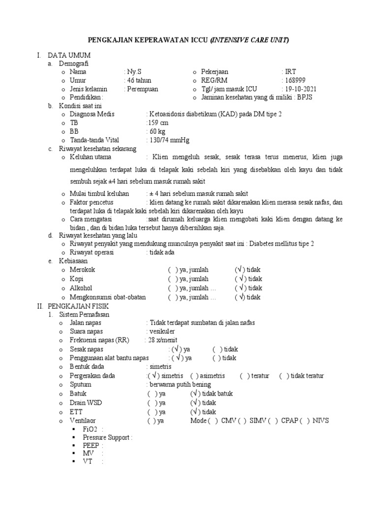 PENGKAJIAN KEPERAWATAN ICU Ny.S - KAD | PDF