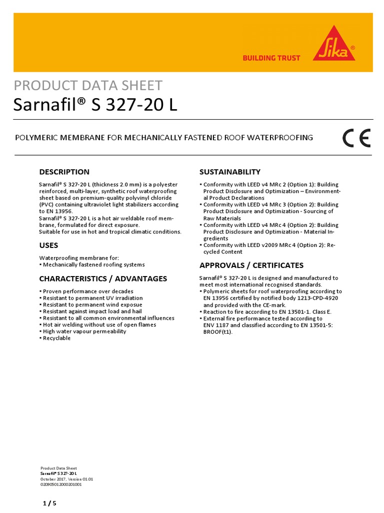 Sarnafil® S 327-20 L: Product Data Sheet | PDF | Welding | Construction