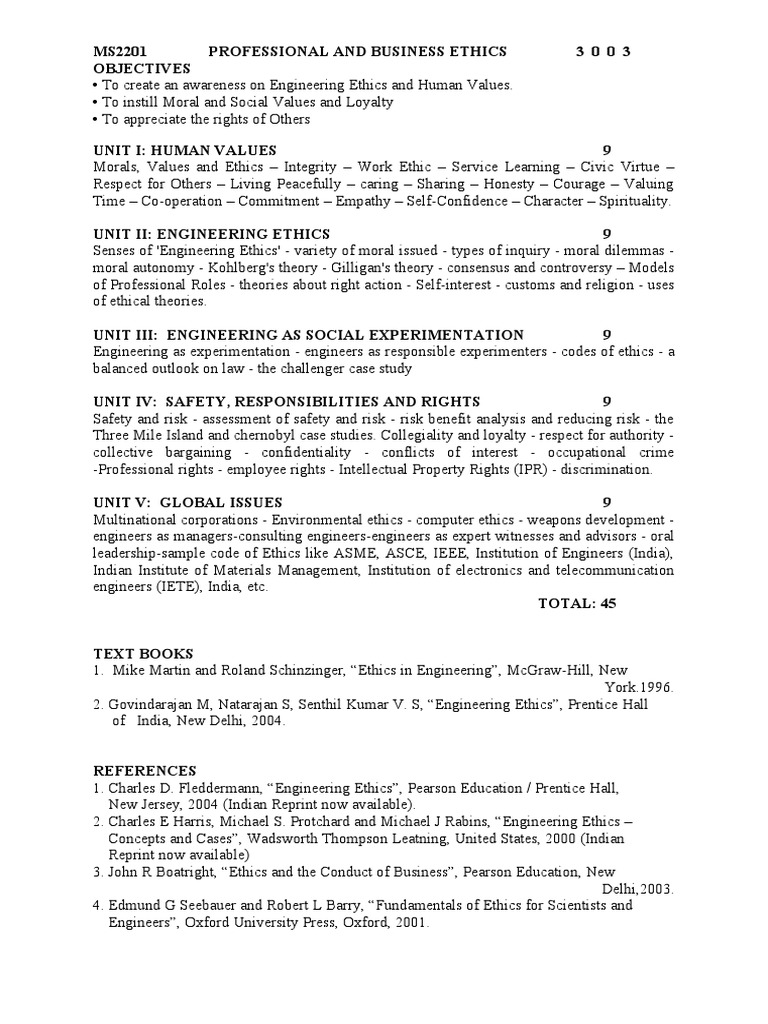 MS2201 Ethics Syllabus | PDF | Engineering | Morality