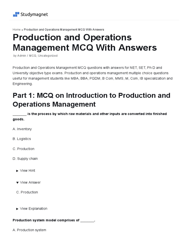 Production and Operations Management MCQ With Answers | PDF ...