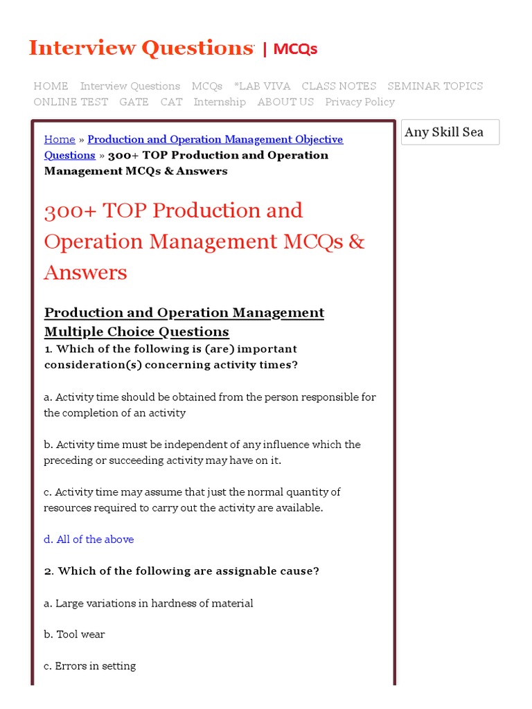 Production and Operations MCQs Guide | PDF | Multiple Choice | Business