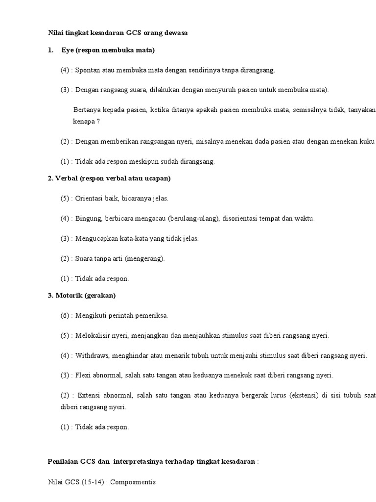 Nilai Tingkat Kesadaran GCS Orang Dewasa 1. Eye (Respon Membuka Mata) | PDF