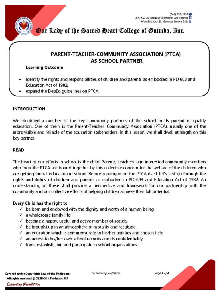 Parent-Teacher-Community Association (Ptca) As School Partner ...