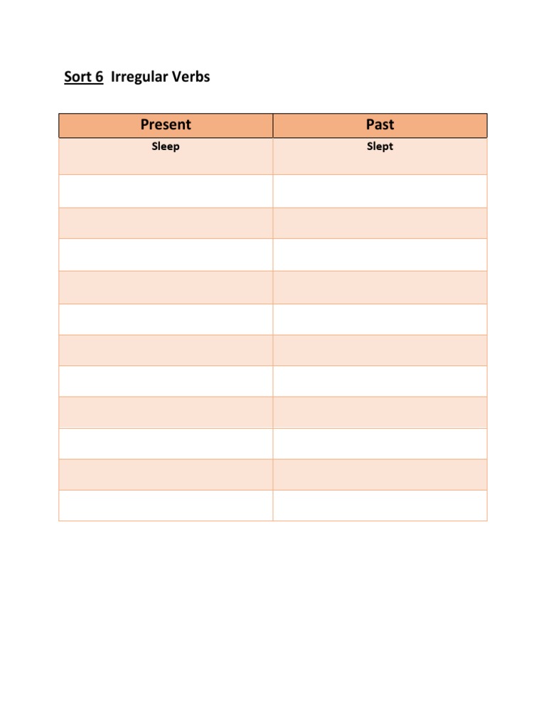 Sort 6 Irregular Verbs Present Past: Sleep Slept | PDF