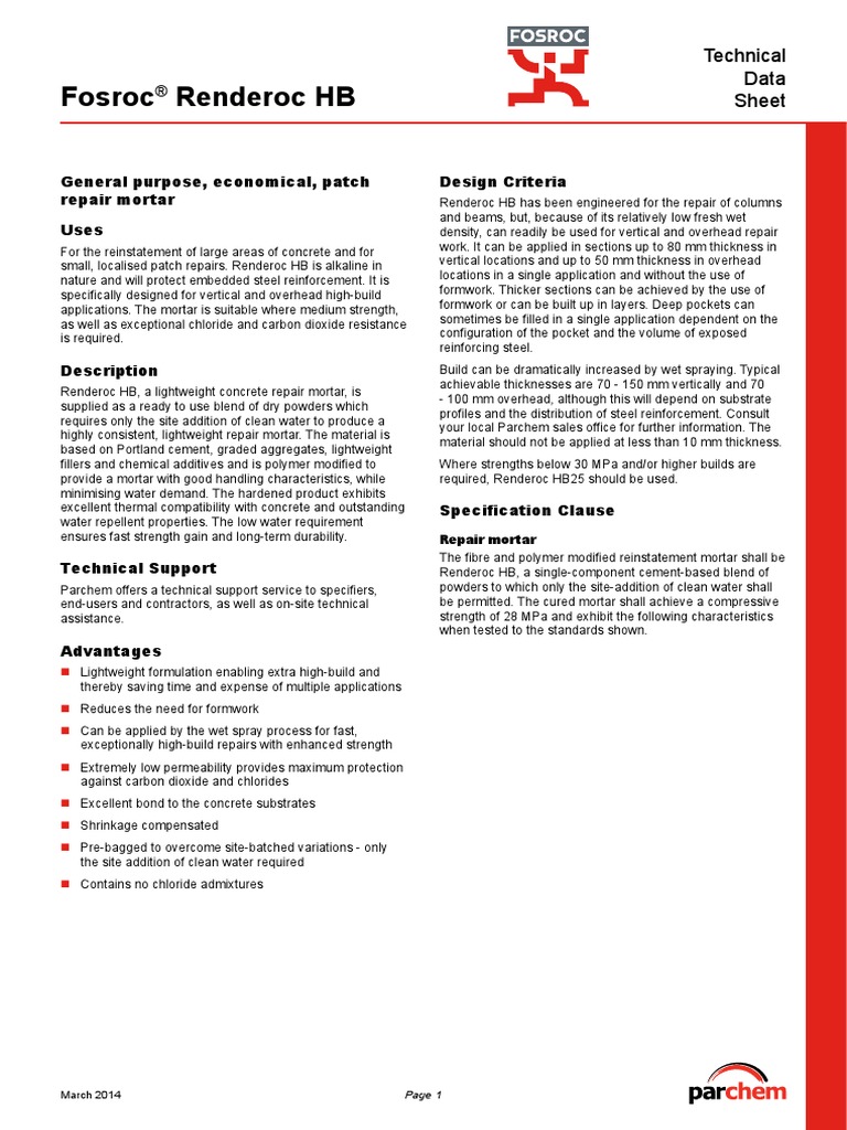 Fosroc Renderoc HB: Technical Data Sheet | PDF | Concrete | Corrosion