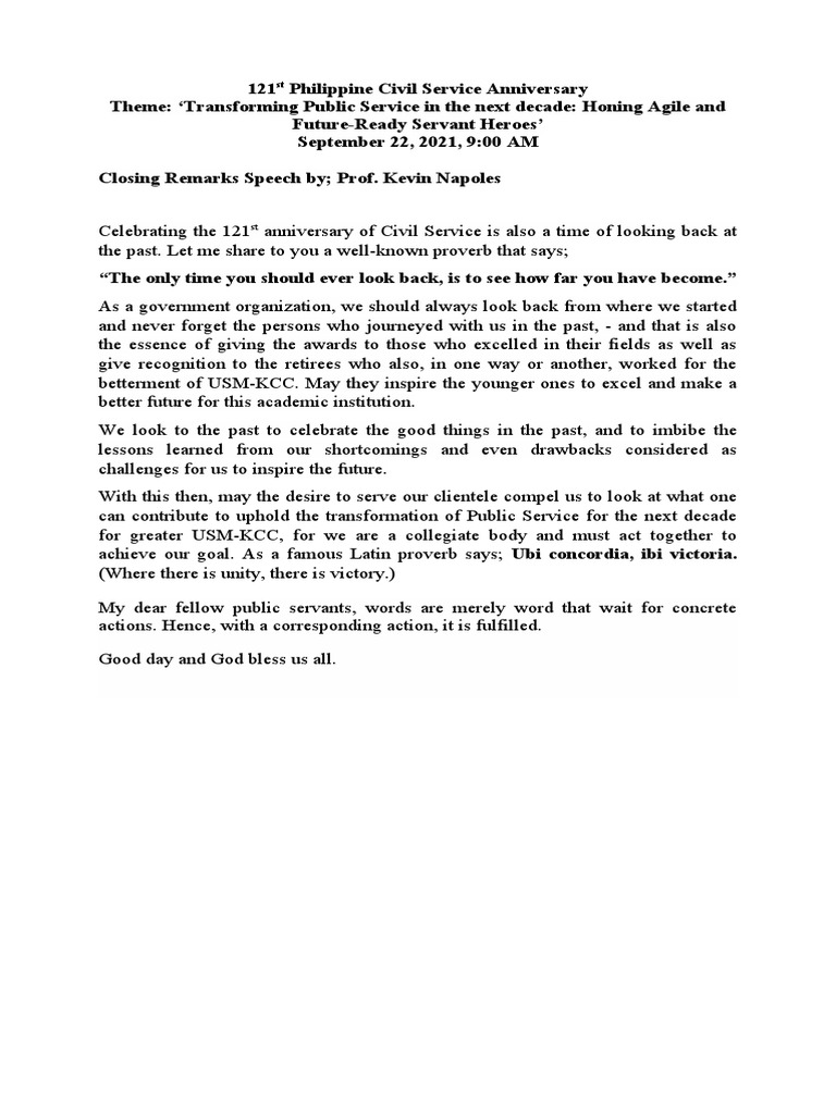 121st Philippine Civil Service Anniversary Speech | PDF