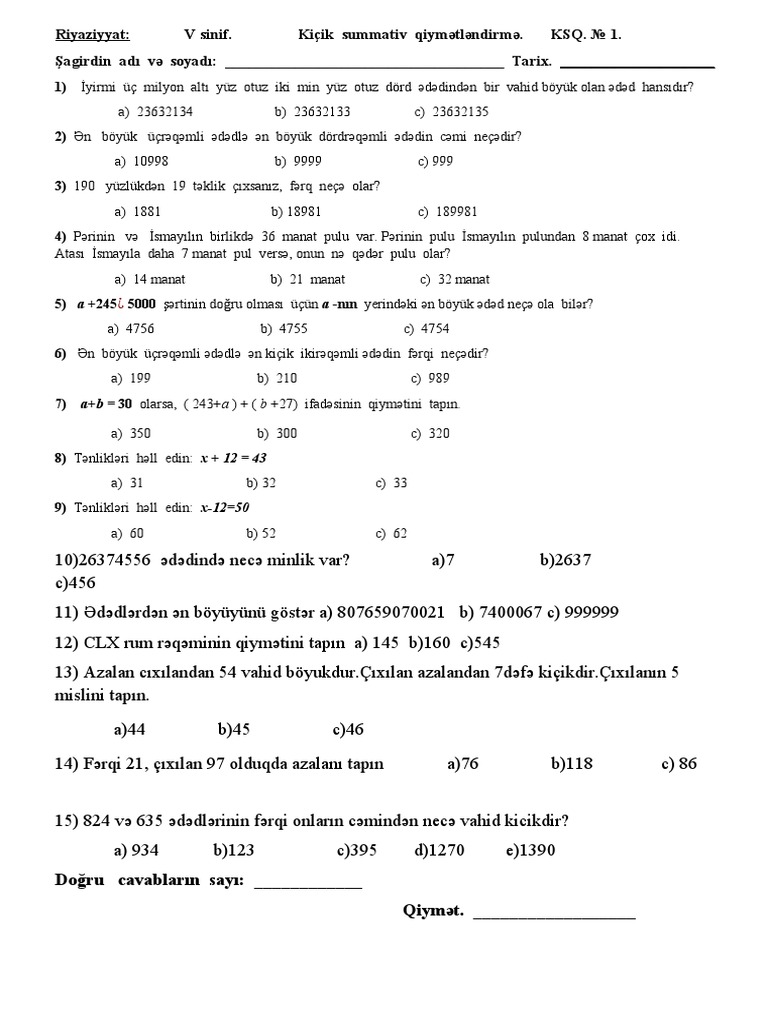 5-Ci Sinif KSQ 1. 2021 | PDF
