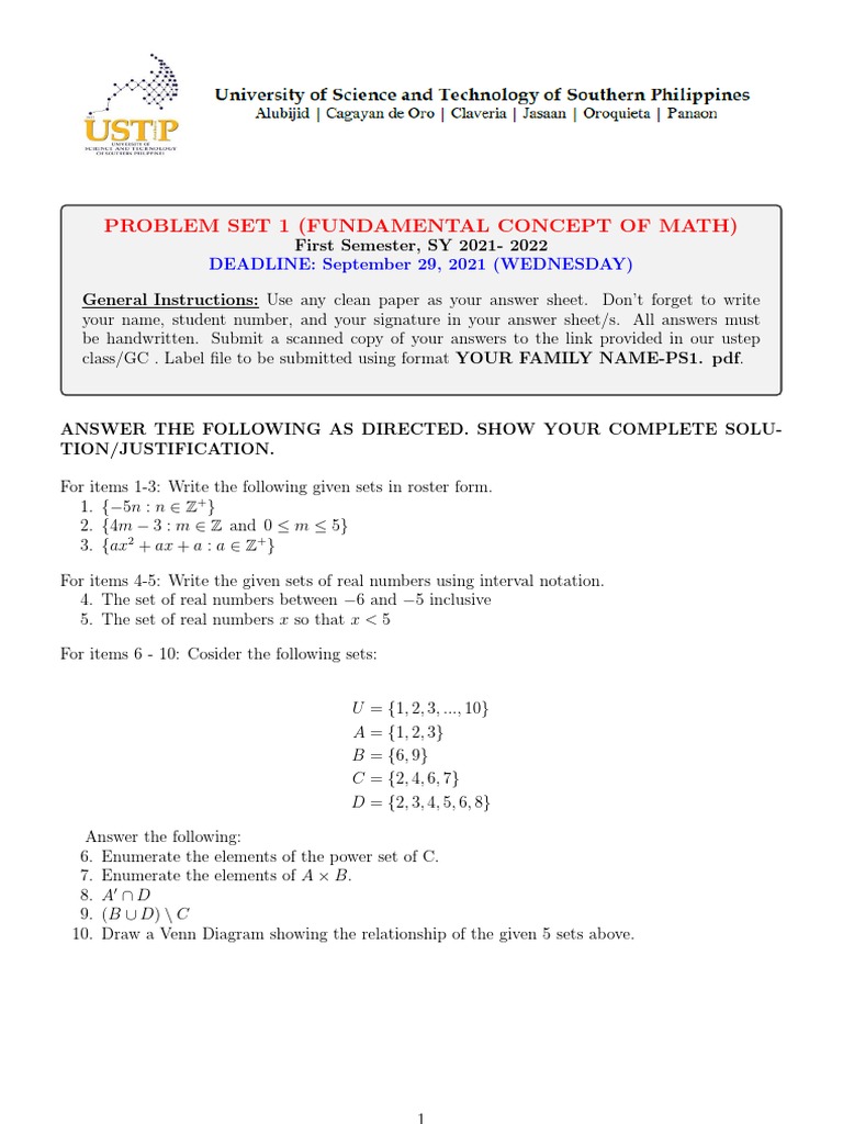 Math Problem Set 1: Fundamental Concepts | PDF