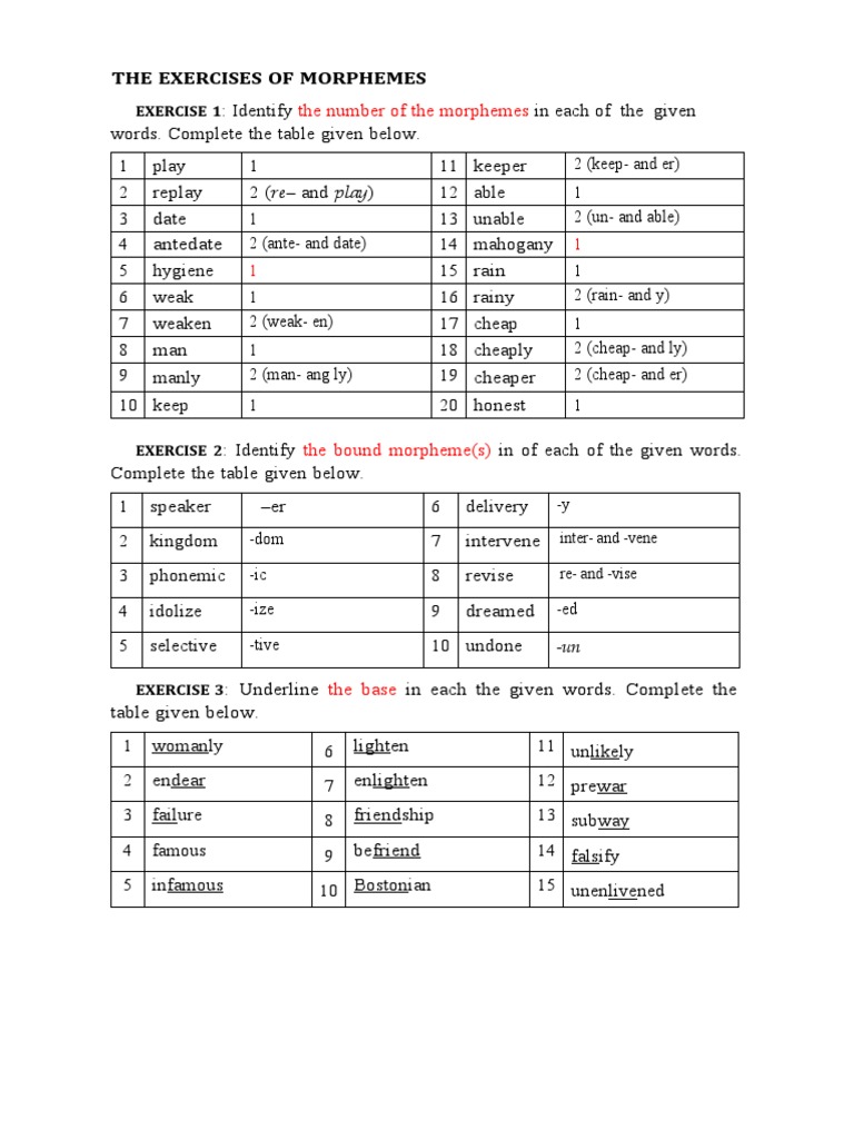 Morpheme Exercises and Answers | PDF | Grammar | Linguistic Morphology