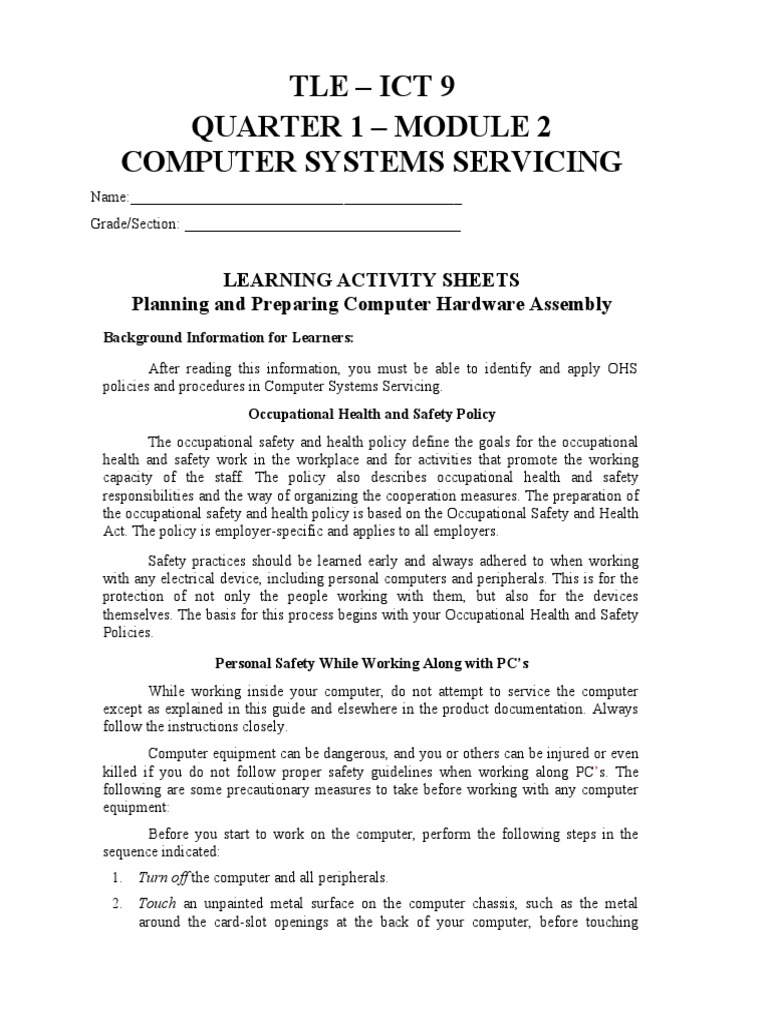 Tle - Ict 9 Quarter 1 - Module 2 Computer Systems Servicing | PDF ...