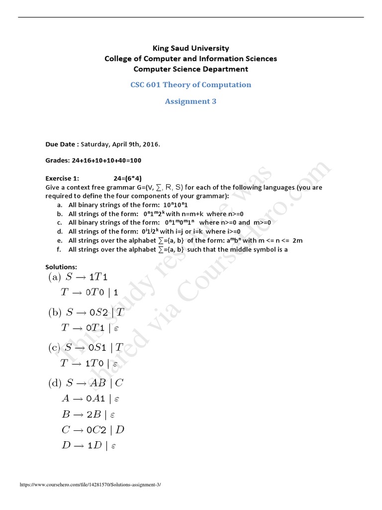 Solutions to Assignment 3 on Theory of Computation: Context Free Grammars, Pushdown Automata ...