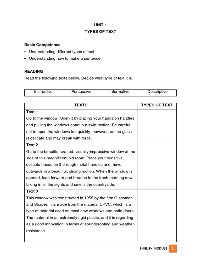 Unit 1 Types of Text: English Module | Download Free PDF | Sentence ...