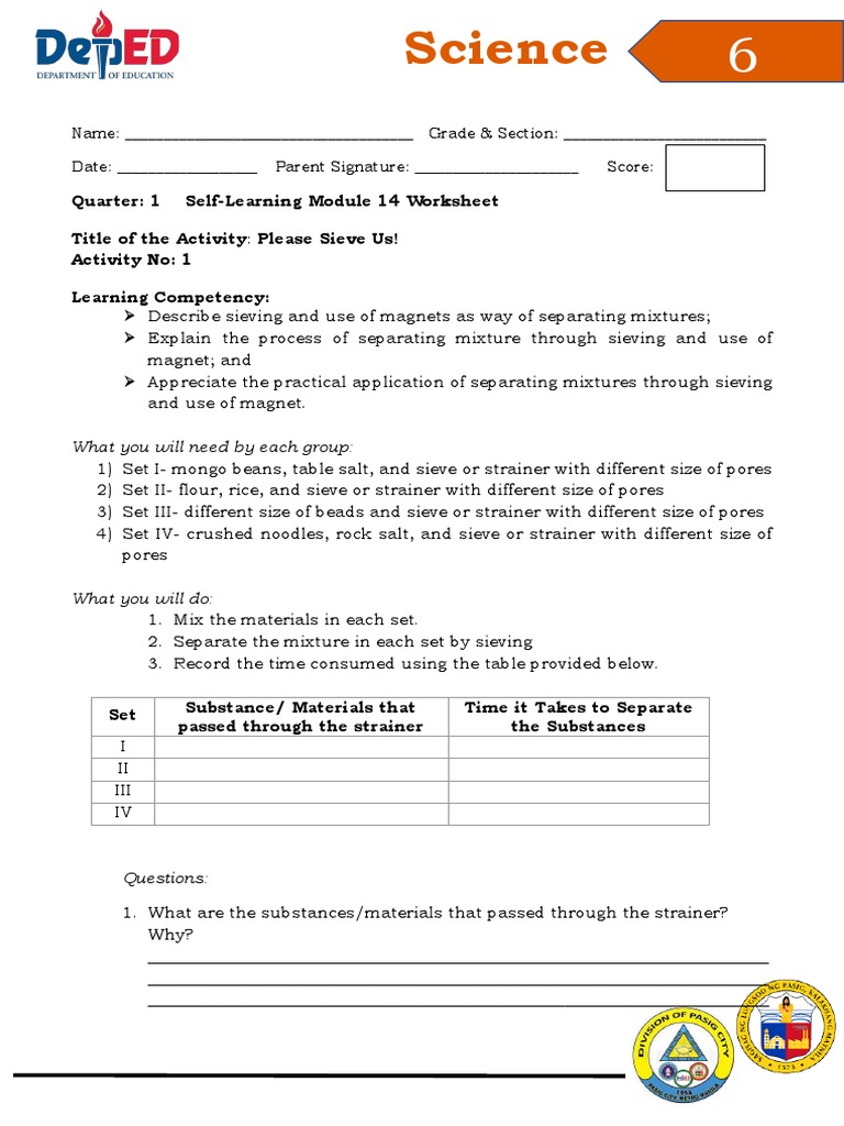 Science 6 - Q1 - DW14 | PDF