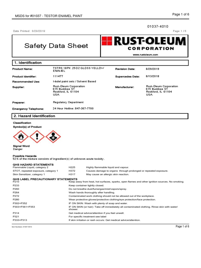 Safety Data Sheet: Page 1 of 6 Msds For #01037 - Testor Enamel Paint ...