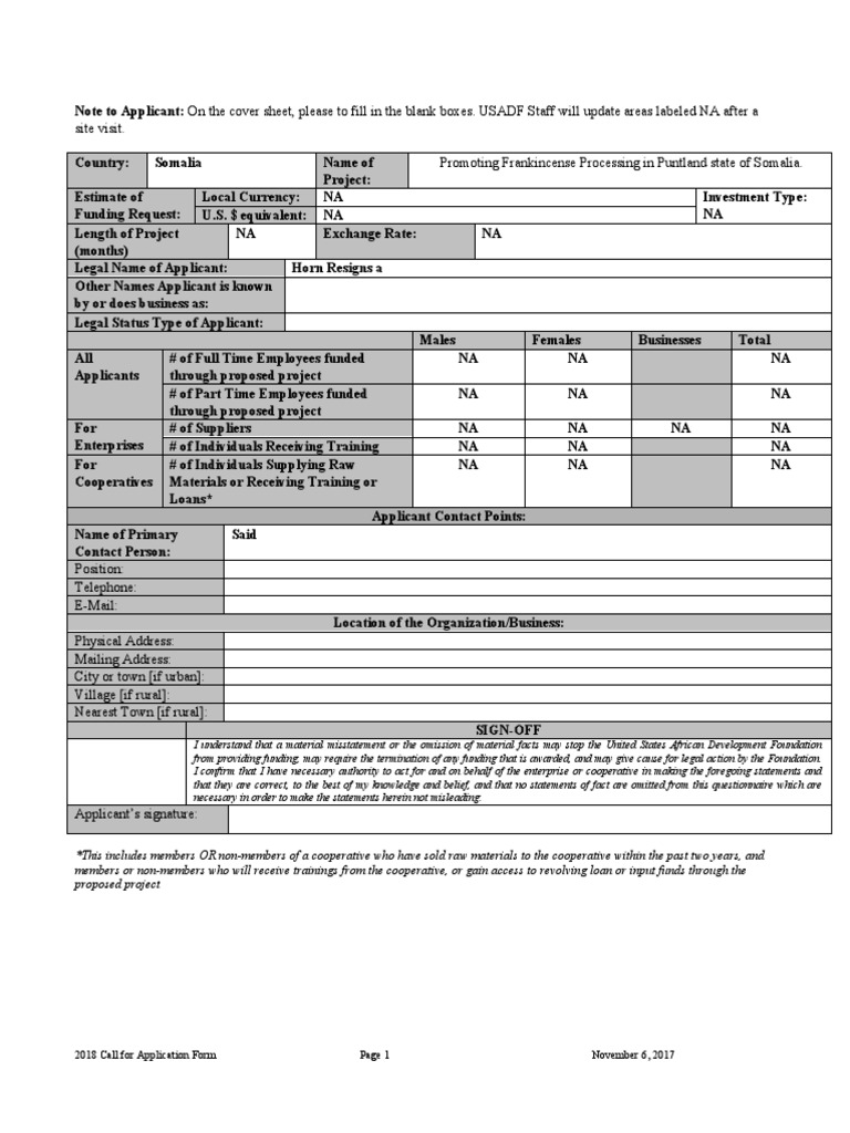 USADF Grant Application for Frankincense Project | PDF | Bookkeeping ...