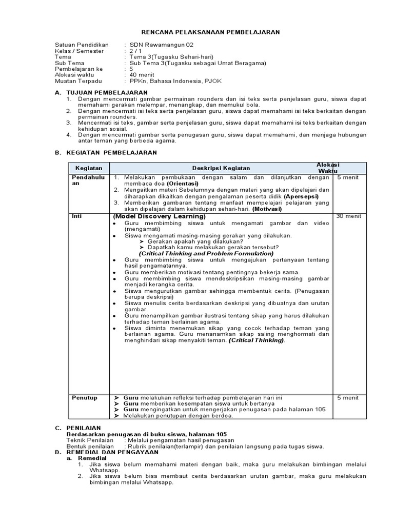 RPP Kelas 2 Tema 3 Subtema 3 Pemb 5 | PDF