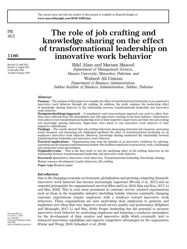 The Role of Job Crafting and Knowledge Sharing On The Effect of Transformational Leadership On ...