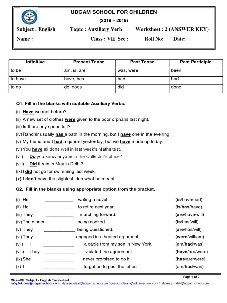 Auxiliary Verbs Worksheet: Practice with Infinitives, Present, Past and ...