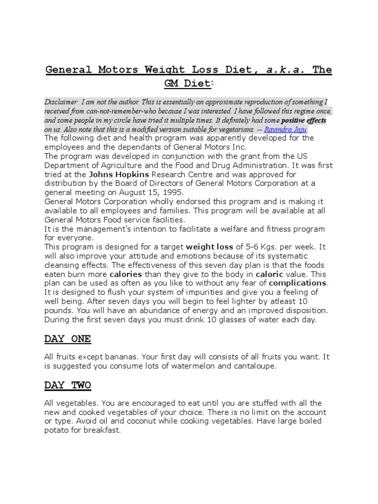 General Motors Weight Loss Diet | PDF | Dieting | Vegetables