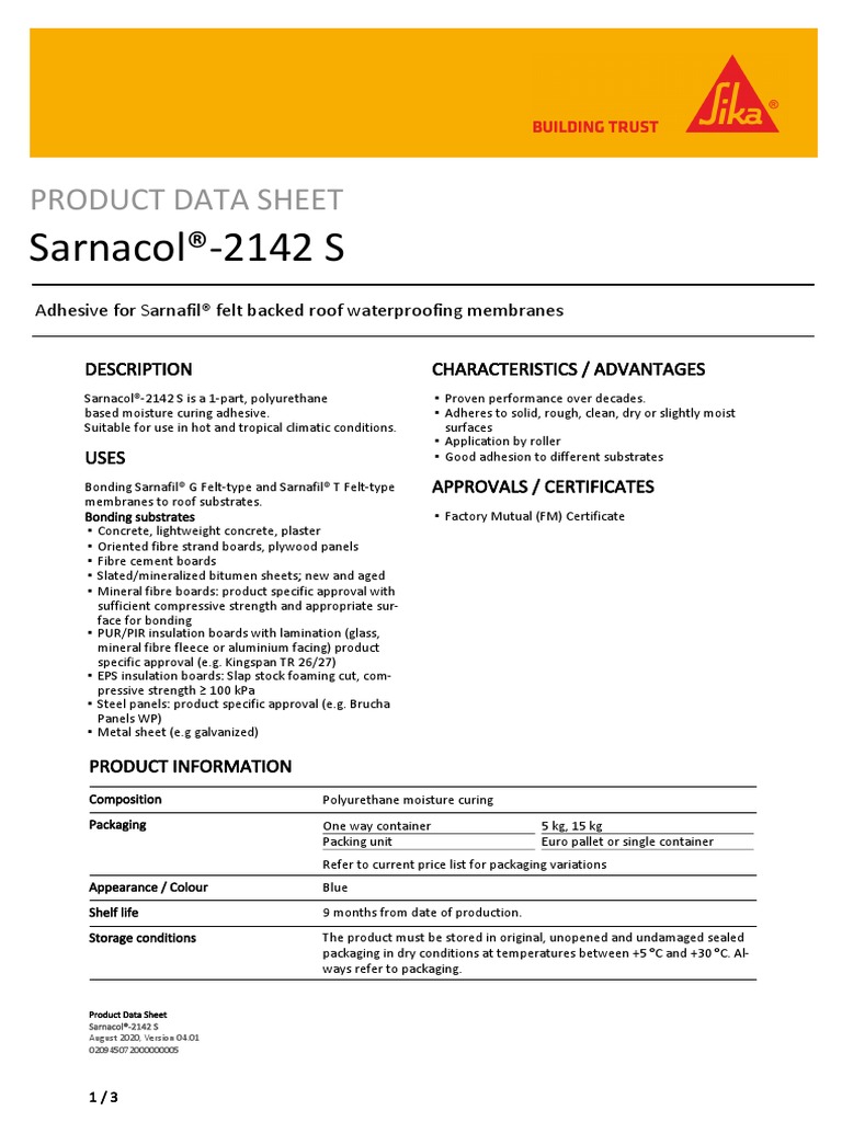 Sarnacol®-2142 S: Product Data Sheet | PDF | Adhesive | Roof